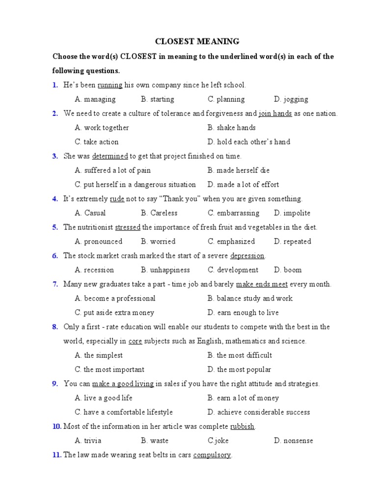 Synonym Selection Practice Quiz | PDF