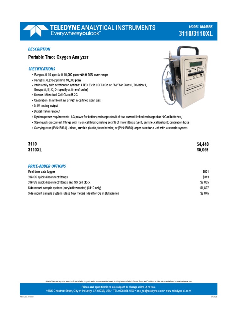 Portable Trace Oxygen Analyzer: Description | PDF | Equipment ...