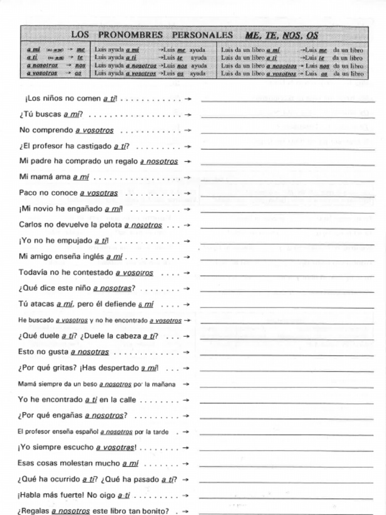 Ejercicios Pronombres Me Te Nos Os | PDF