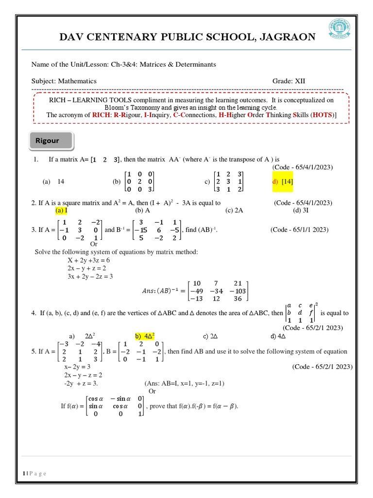 Matrices and Determinants for Class XII | PDF | Matrix (Mathematics) | Determinant