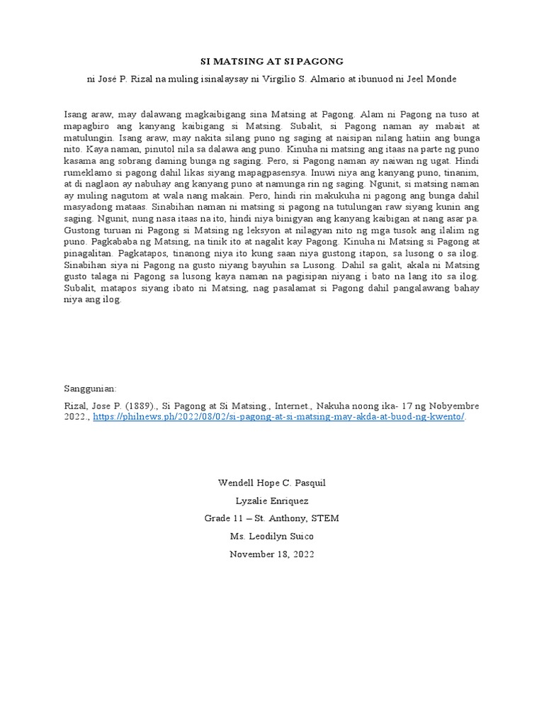 Si Matsing at Si Pagong | PDF