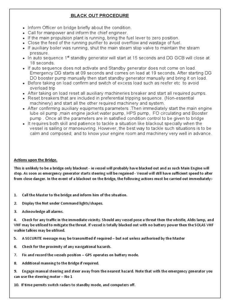 Blackout Recovery Procedures for Ships | PDF | Pump | Marine Propulsion