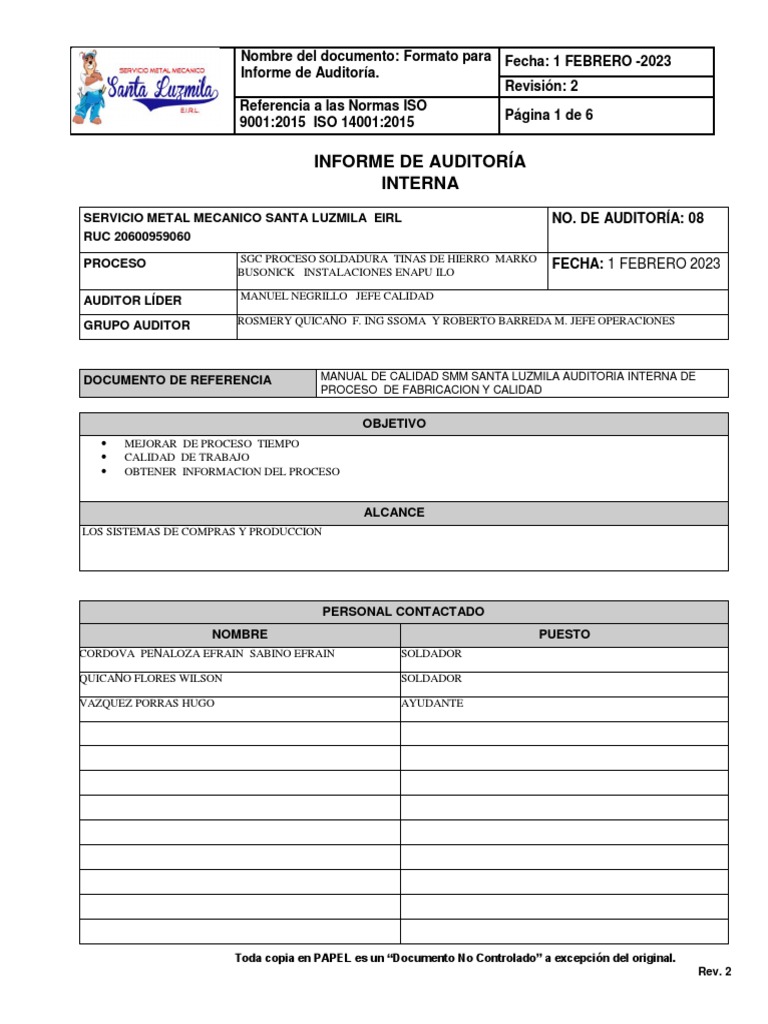 Formato para Informe de Auditoria | PDF | Auditoría | Calidad (comercial)