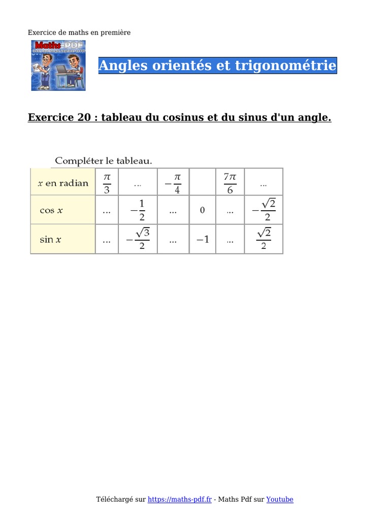 Angles Orientes Et Trigonometrie Exercice 20 Premiere | PDF