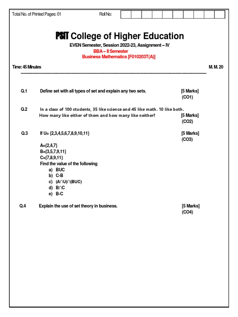 ASG-4 Business Maths, BBA 1 Year. | PDF