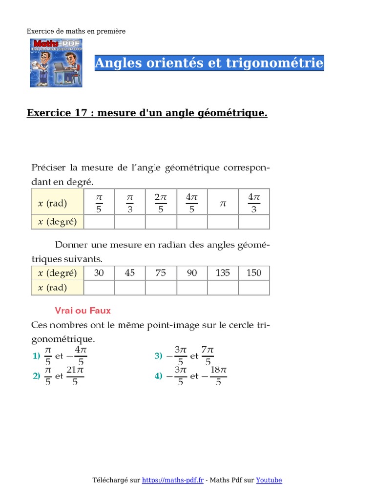 Angles Orientes Et Trigonometrie Exercice 17 Premiere | PDF