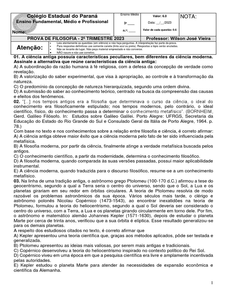 Prova 001 3a Matutino e Noturno Filosofia Da Ciência Imprimatur | PDF