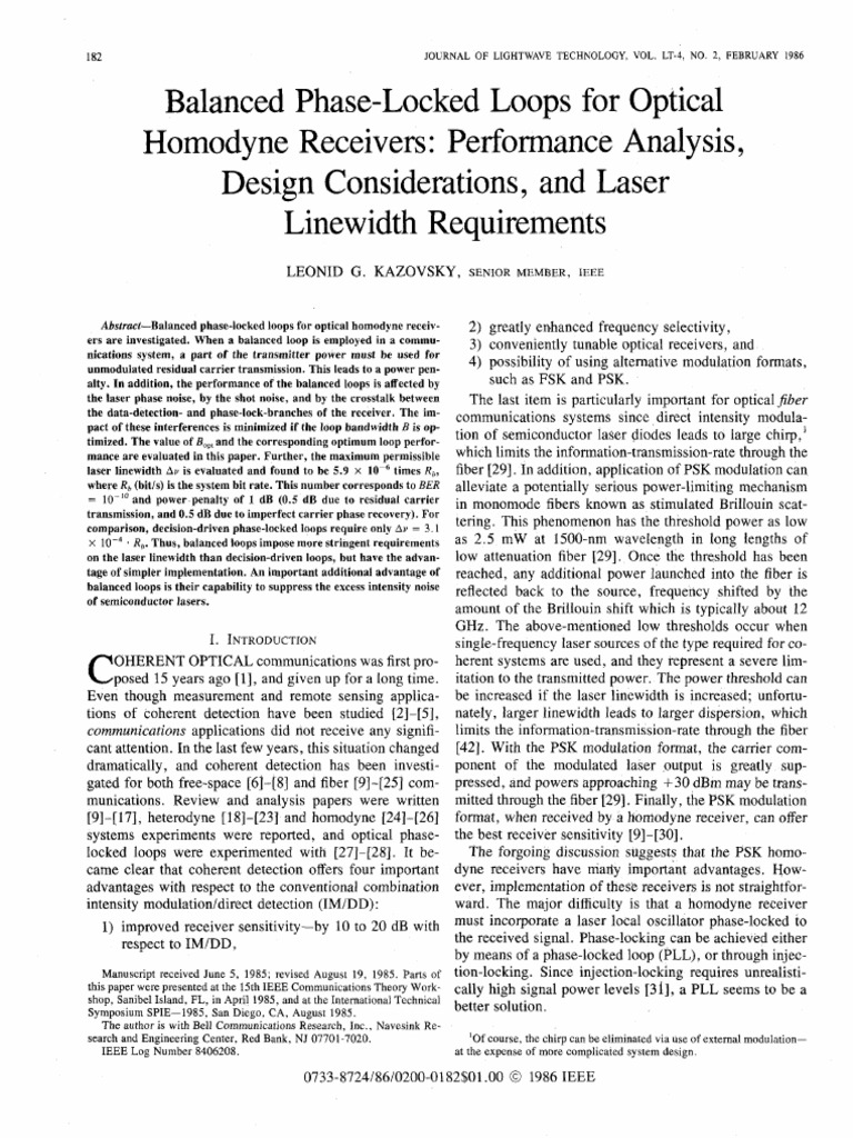 Balanced Phase-Locked Loops For Optical Homodyne Receivers: Performance Analysis, Hesign ...