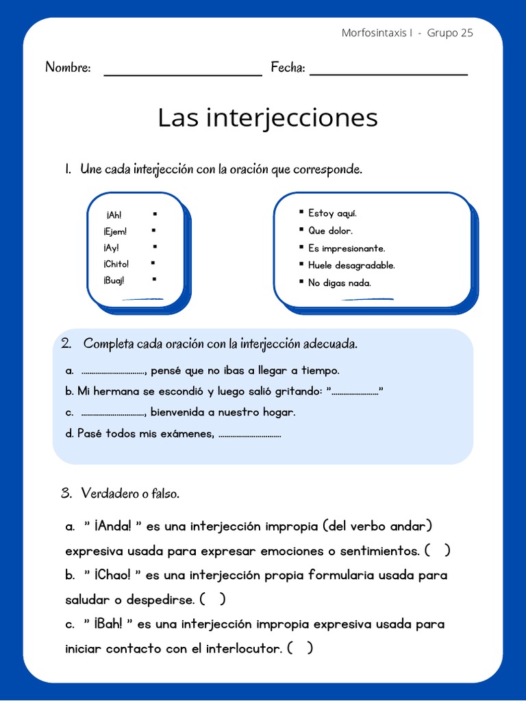Hoja De Trabajo De Interjección De Quinto Grado