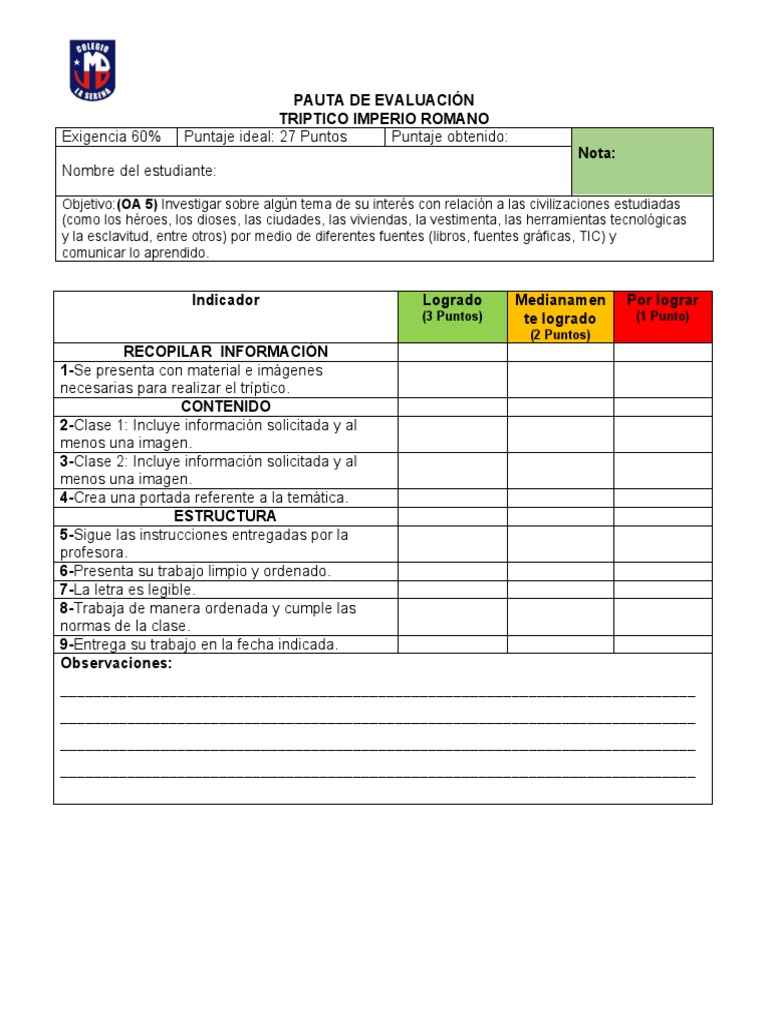 Pauta Evaluación TRIPTICO | PDF