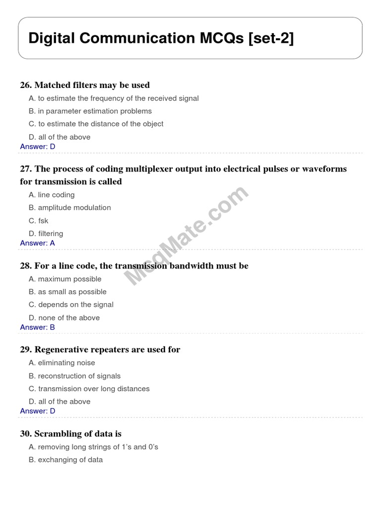 Digital Communication Solved MCQs (Set-2) | PDF | Modulation | Digital ... Digital Communication Solved MCQs (Set-2) | PDF | Modulation | Digital ...