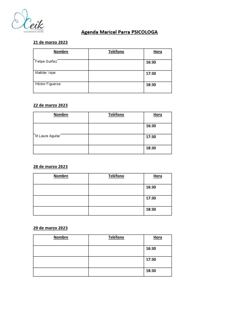 Agenda Maricel Parra PSICOLOGA | PDF