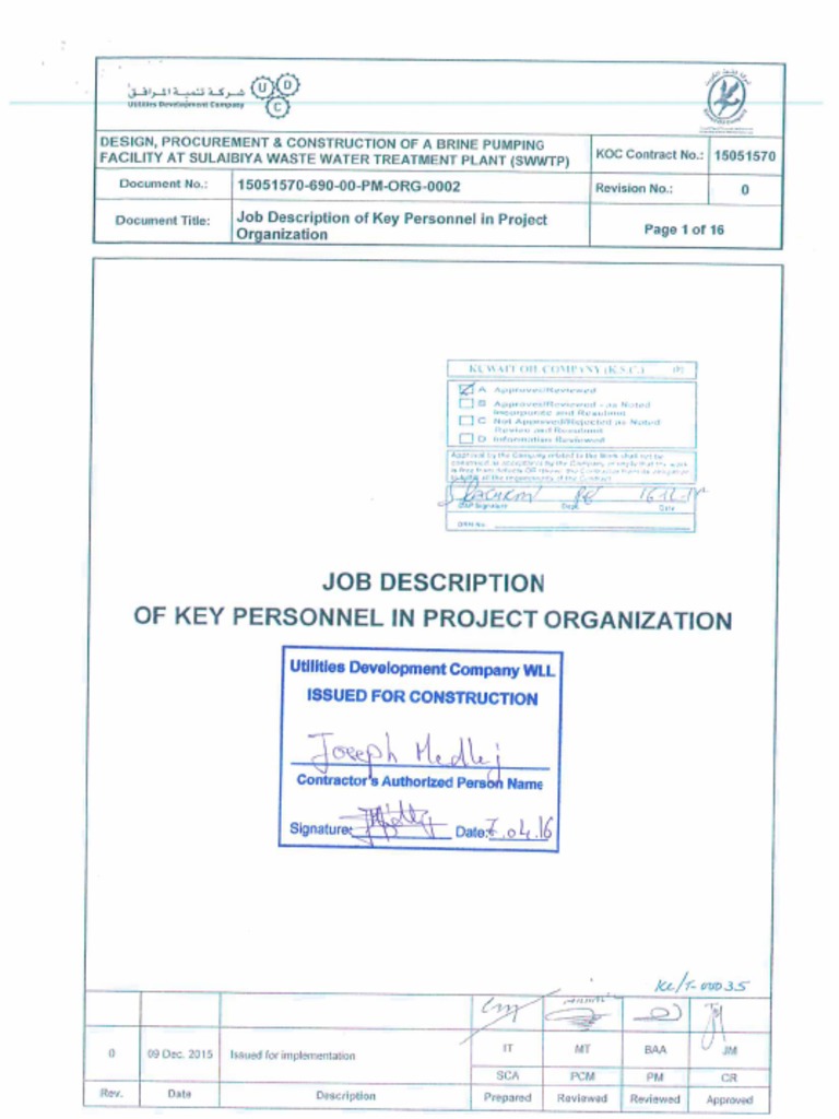 Job Descriptions of Key Personnel in Project Organisation | PDF