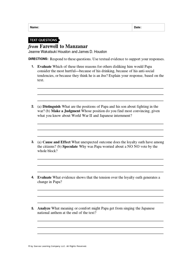 From Farewell To Manzanar Extension Questions | PDF