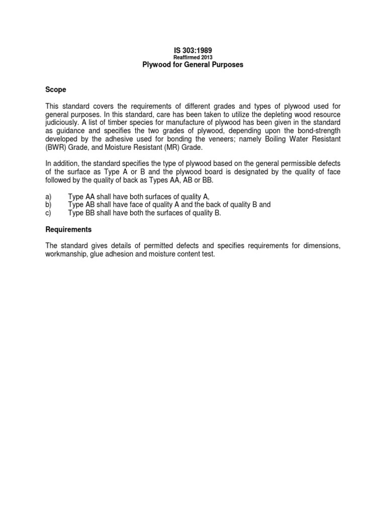 IS 303:1989 Plywood Specifications | PDF | Technology & Engineering