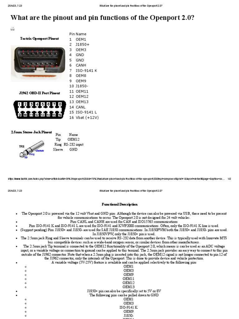What Are The Pinout and Pin Functions of The Openport 2.0 | PDF | Computer Engineering ...