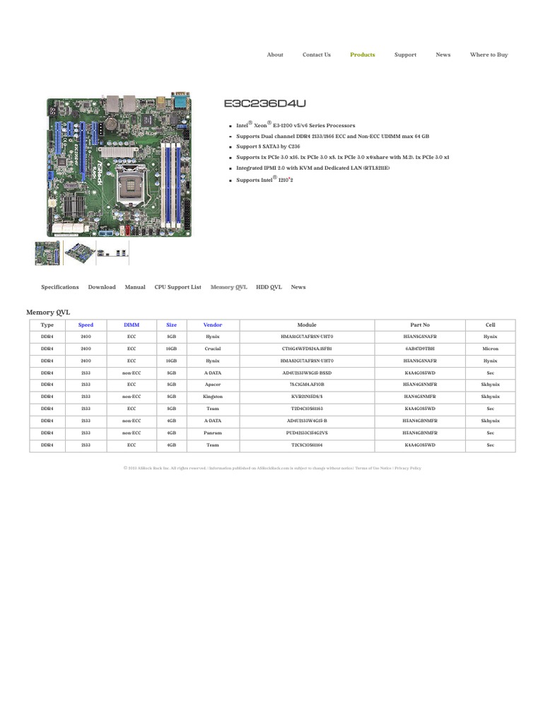 Asrock Rack - E3c236d4u | PDF | Computer Architecture | X86 Architecture