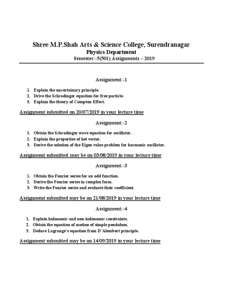 Sem-5 Physics Assignment-2019 | PDF | Waves | Wave Equation
