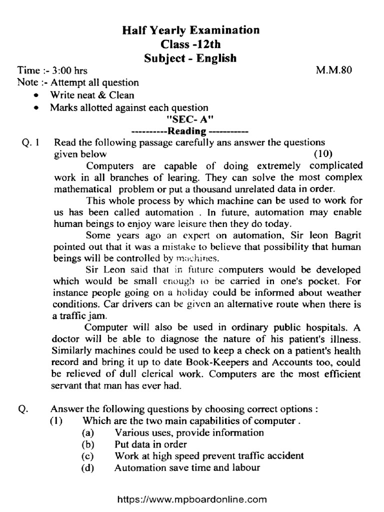 MP Board Class 12 Hy English 220423 2023 | PDF