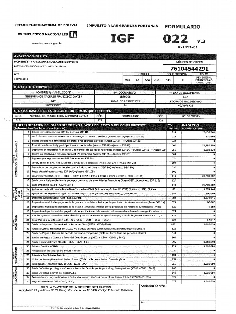 Formulario 022 - IGF - Gloria Medina 2020 | PDF