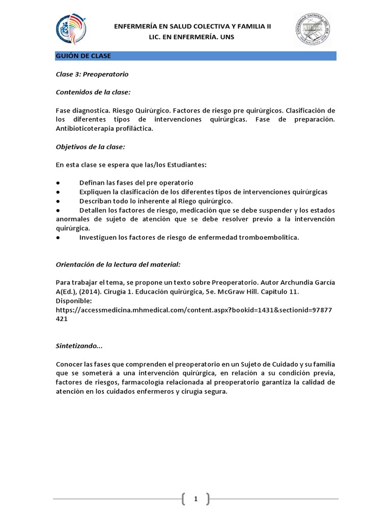 Guion de Clase y Guia de Estudio Clase 3 Tema 1 C. Preoperatorio | PDF | Enfermería | Cirugía