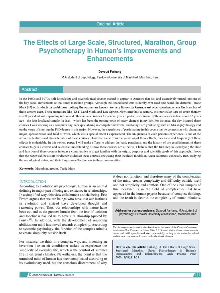 The Effects of Large Scale Structured Marathon Group Psychotherapy in ...