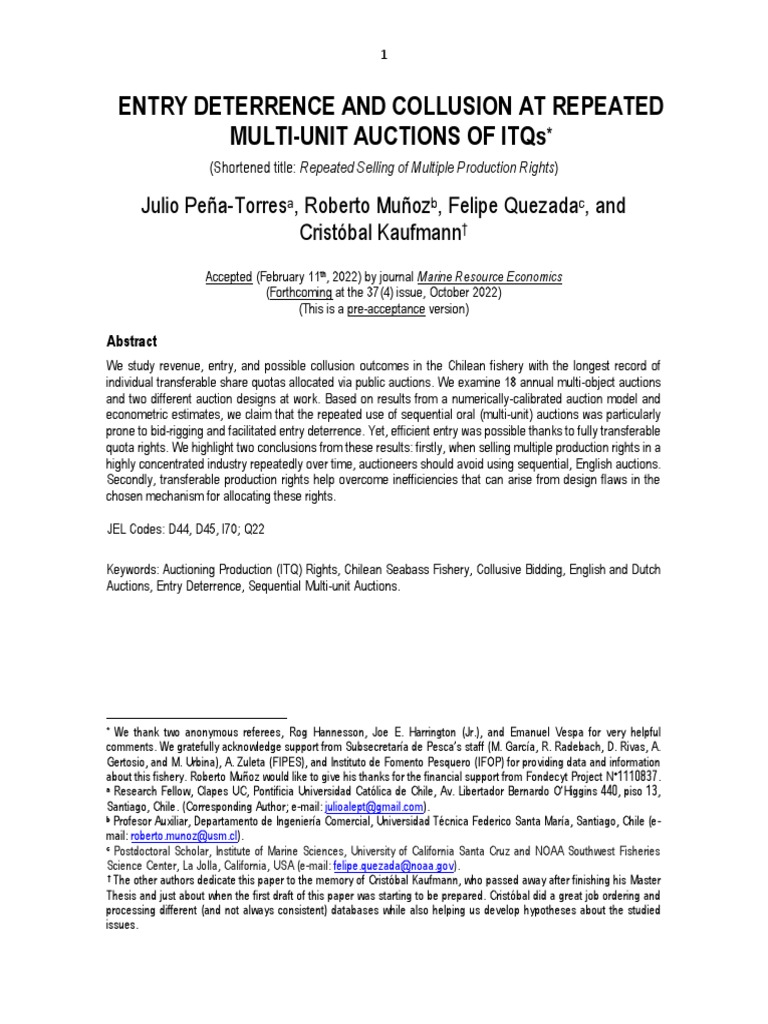 Entry Deterrence and Collusion at Repeated Multi - Unit Auctions of ITQ's | PDF | Auction ...