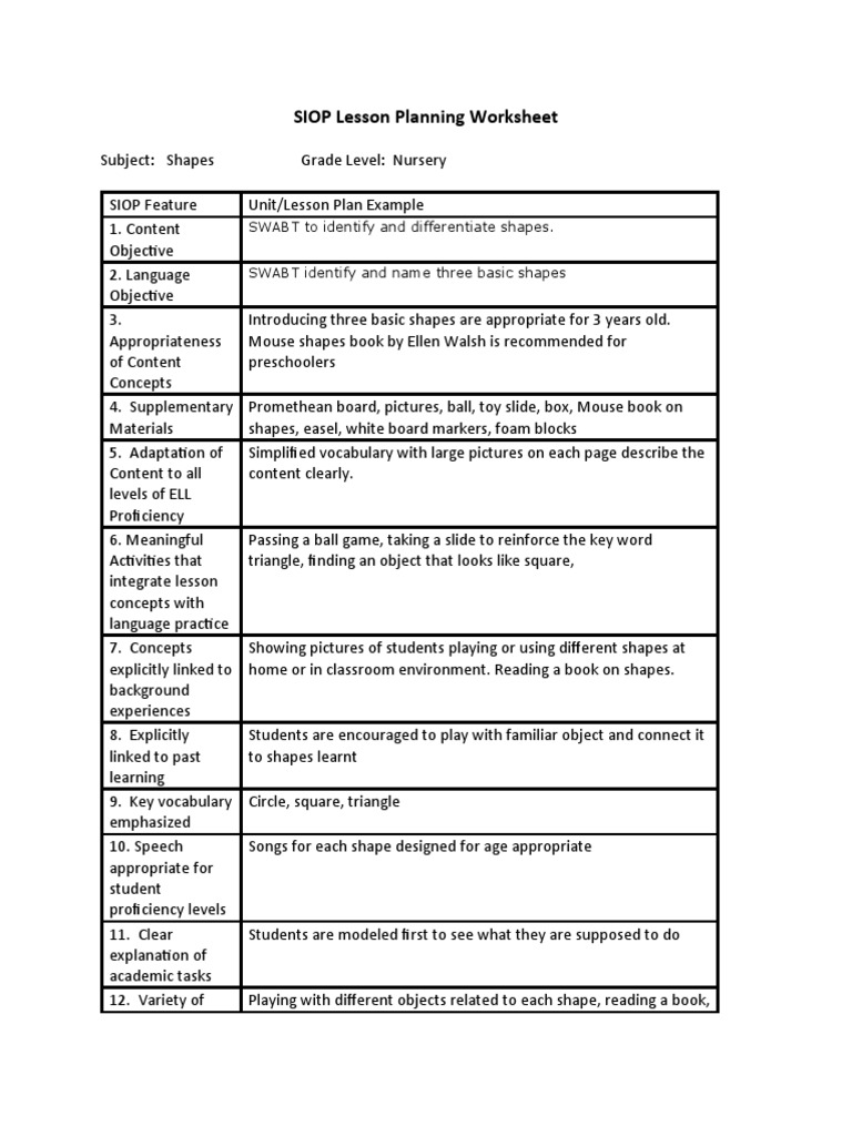 SIOP Lesson Planning Features Worksheet | PDF | Vocabulary | Behavior ... SIOP Lesson Planning Features Worksheet | PDF | Vocabulary | Behavior ...