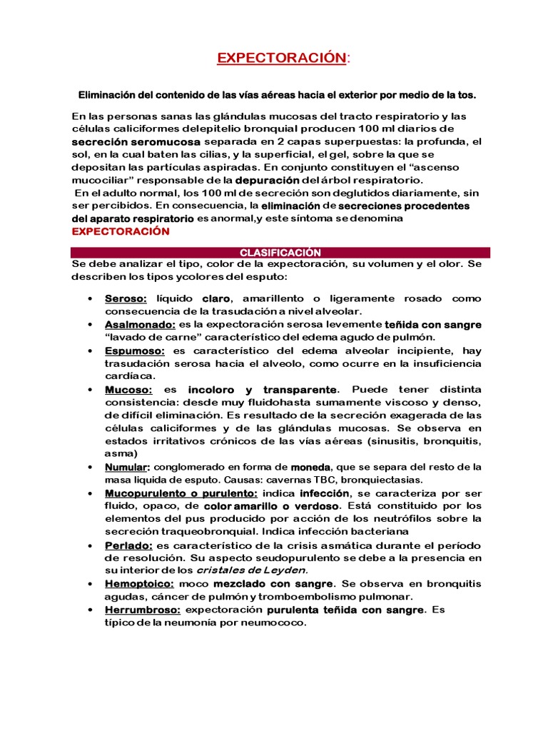 Tipos y características de la expectoración | PDF | Tos | Enfermedades ...