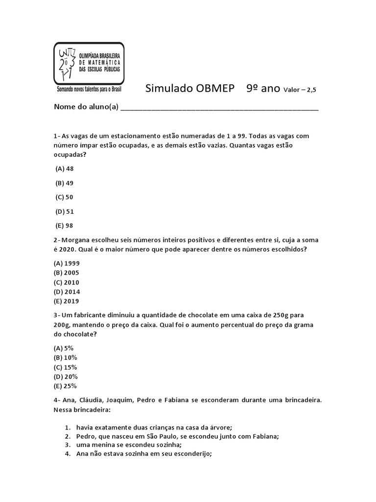 Simulado OBMEP 9º Ano | PDF