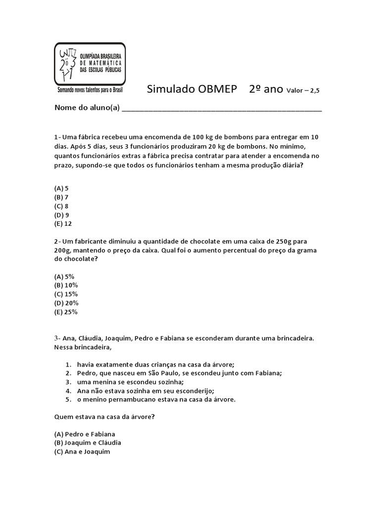 Simulado OBMEP 2º Ano Fundamental | PDF