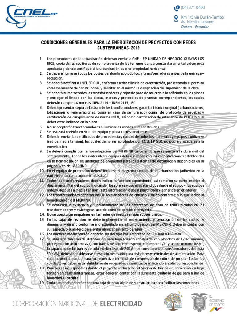 Condiciones Generales Energizacion Proyectos Con Redes Subterraneas CNEL 2019 | PDF