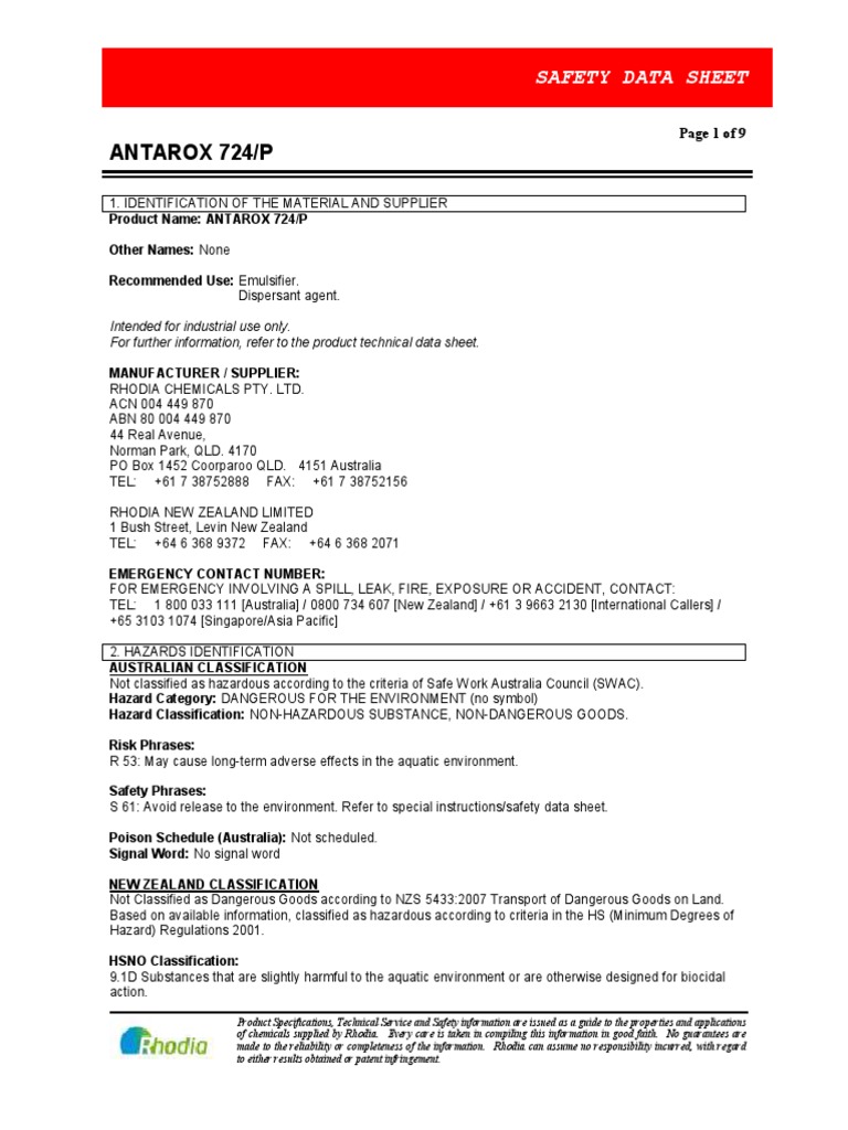 Antarox 724P | PDF | Dangerous Goods | Personal Protective Equipment