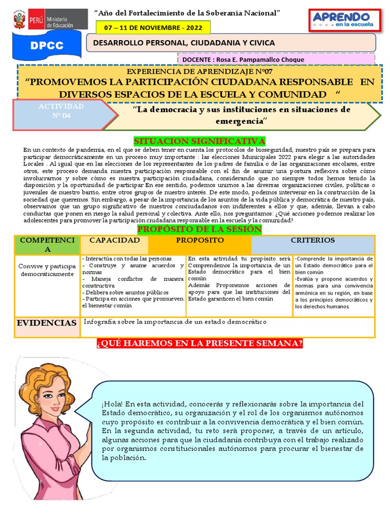 Experiencia de Aprendizaje #07 - Actividad #04 - 3ero y 4to - Desarrollo Personal Ciudadania y ...