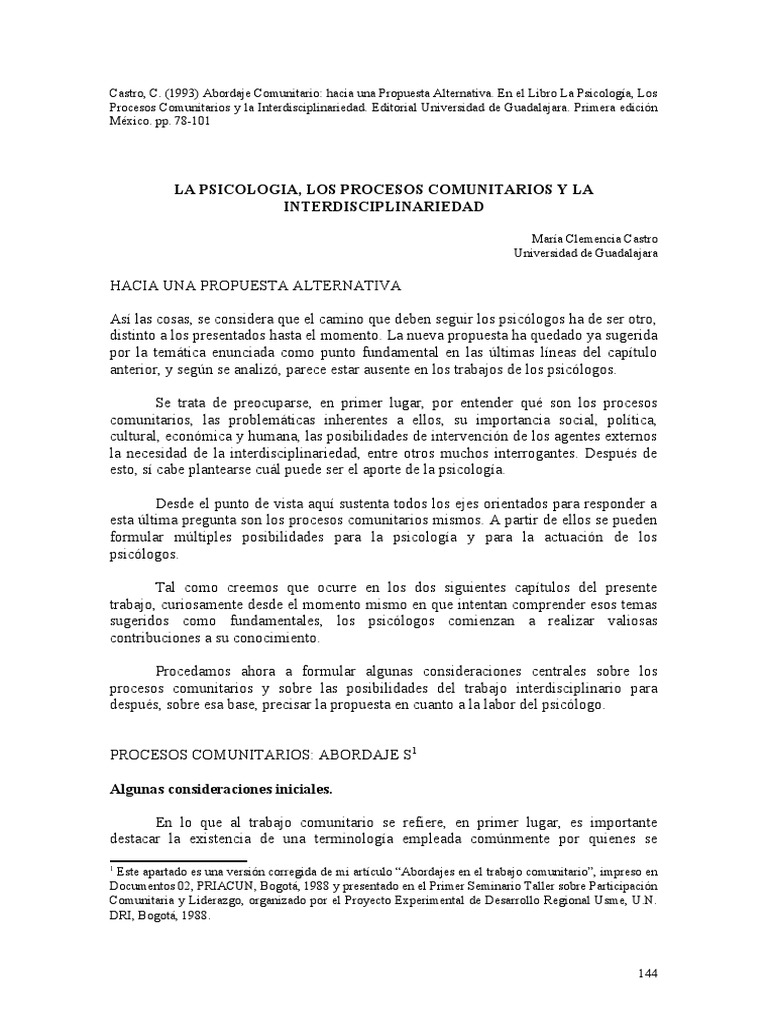 Castro. Psicología, Procesos Comunitarios, Interdisciplina | PDF