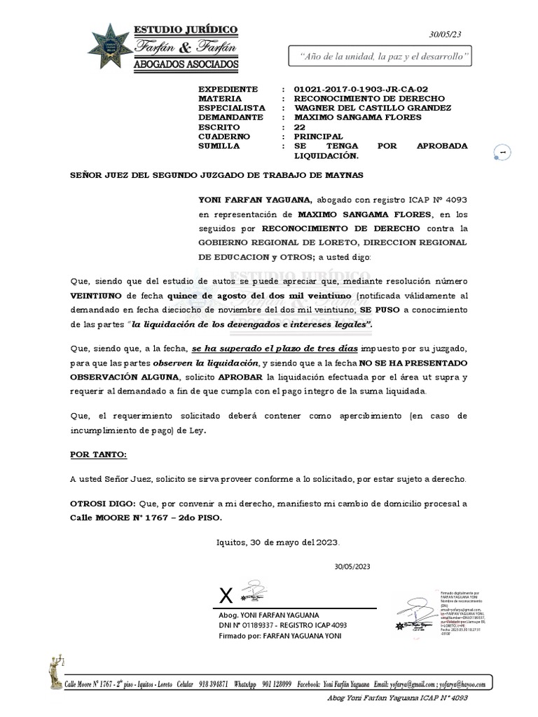 Solicito Aprobar Liquidacion Maximo Sangama | PDF | Justicia | Crimen y ...
