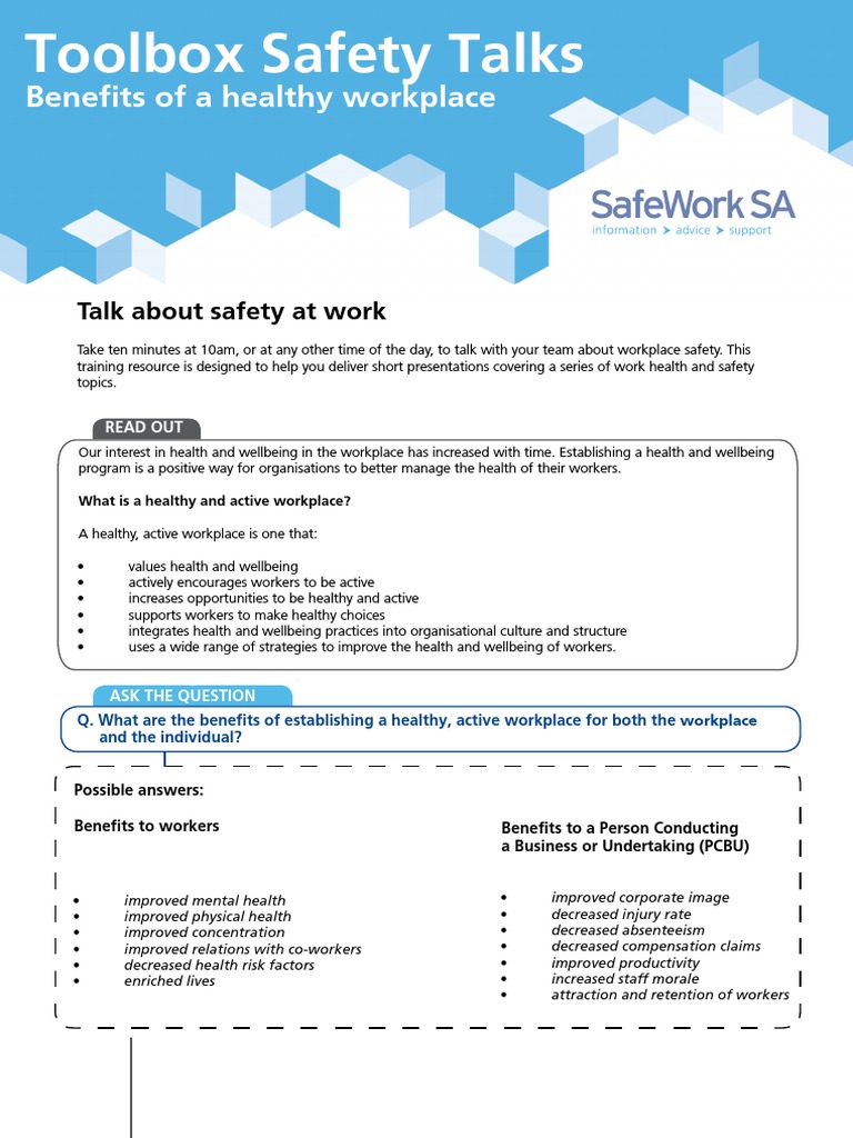 Toolbox Safety Talks Benefits of A Healthy Workplace | PDF | Occupational Safety And Health ...