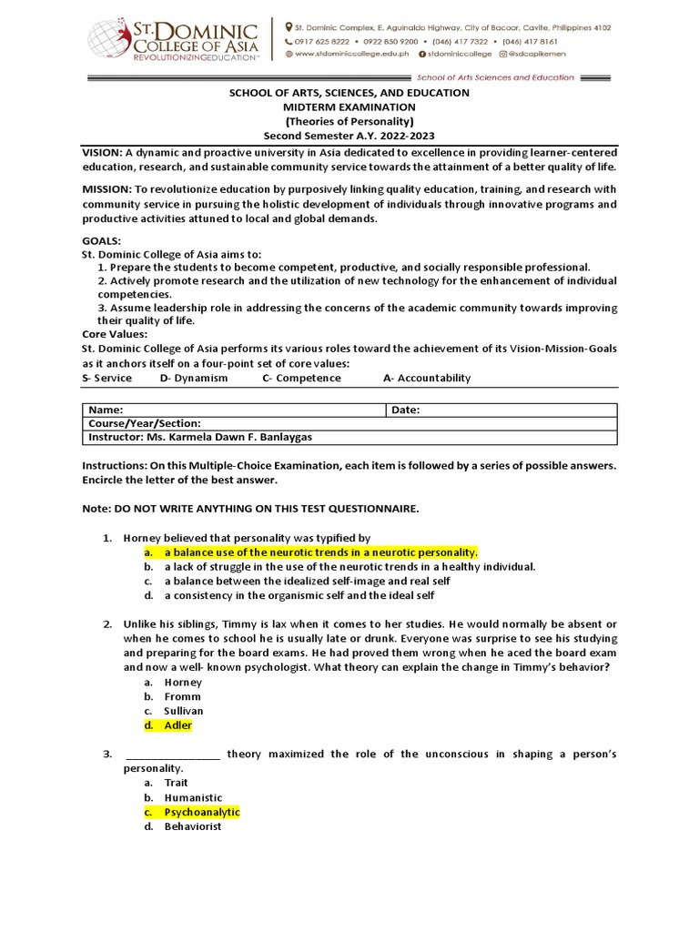 Midterms - Theories-of-Personality - Answer Key | PDF | Psychoanalysis | Object Relations Theory