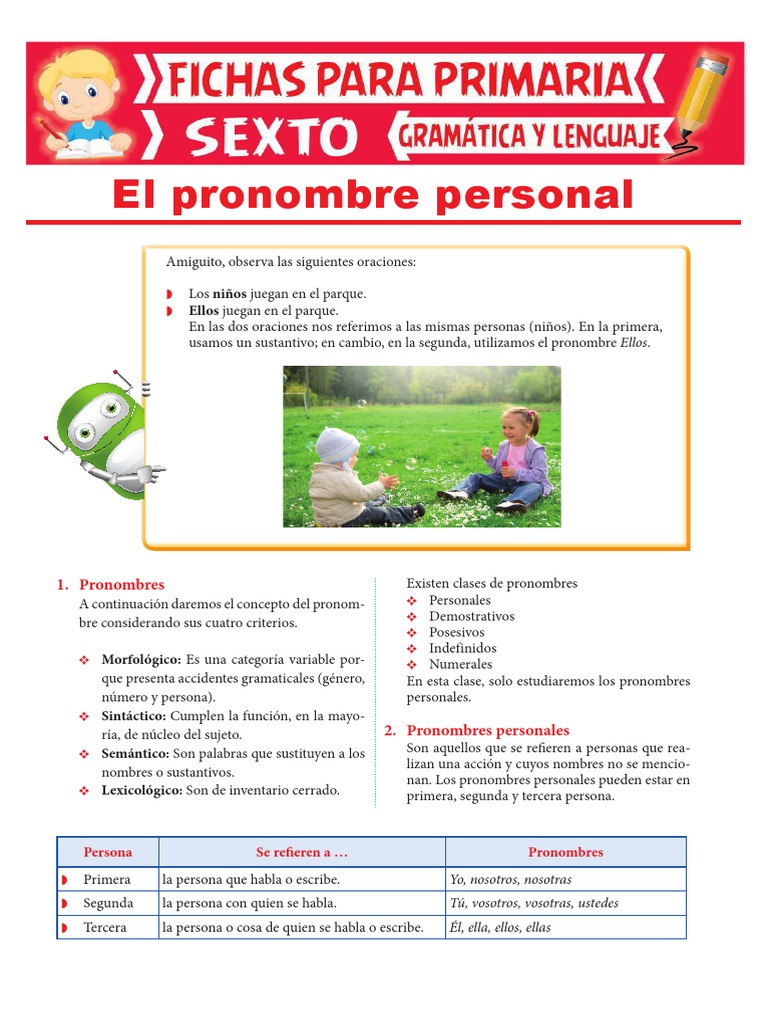 El Pronombre Personal para Sexto Grado de Prrimaria | PDF | Pronombre ...