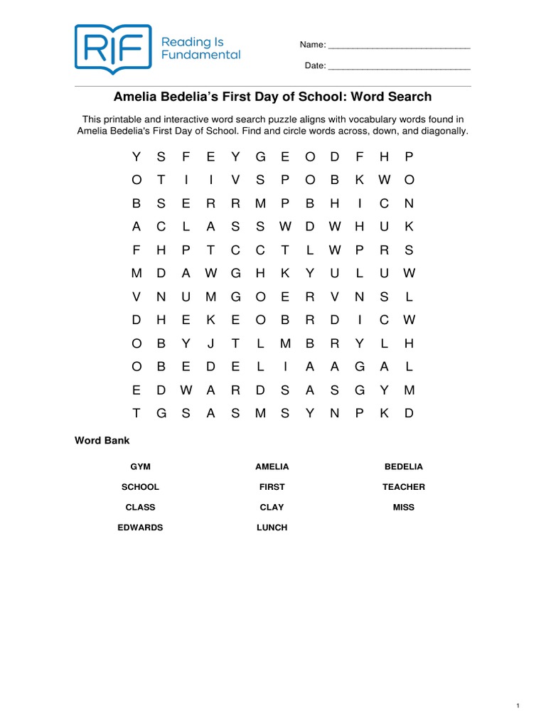 Amelia Bedelia's First Day of School Word Search | PDF