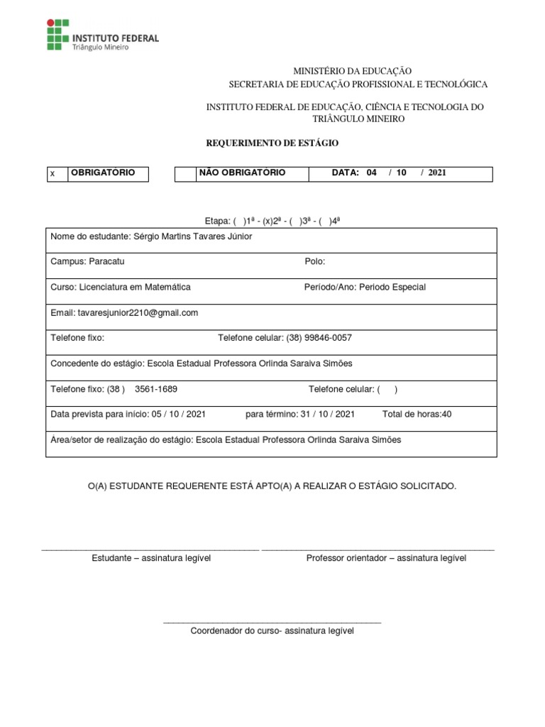 Formulário Requerimento de Estágio 2 - Júnior | PDF
