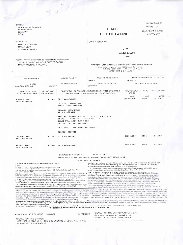 Bill of Lading Draft - CMA CGM | PDF