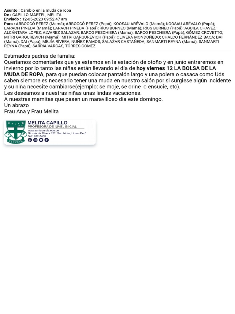 12 Mayo - Cambio de Muda de Ropa | PDF