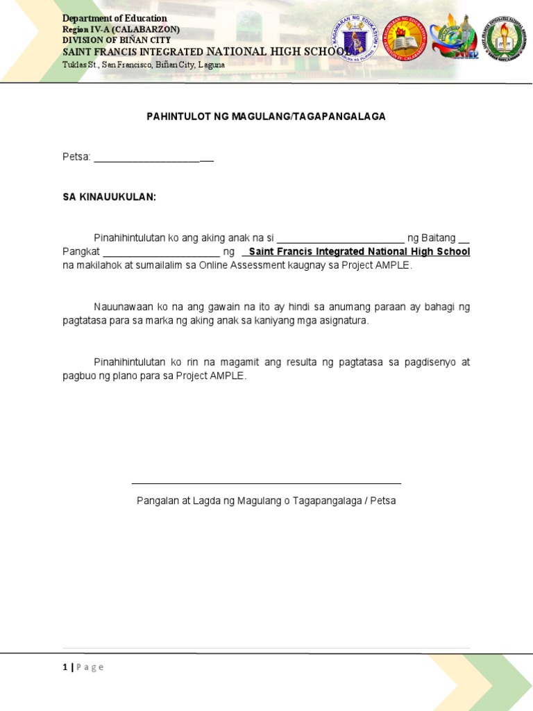 Sulat Pahintulot Magulang AMPLE | PDF