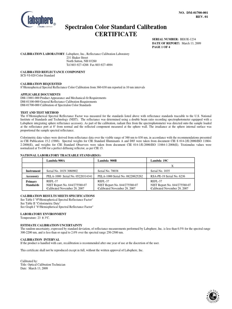 Sample Color Cal Certificate | Download Free PDF | Calibration | Qualia