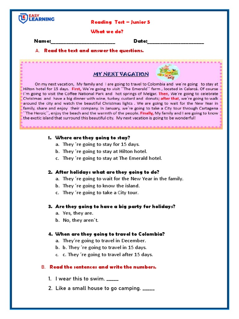 Junior 5 Reading Test Questions | PDF