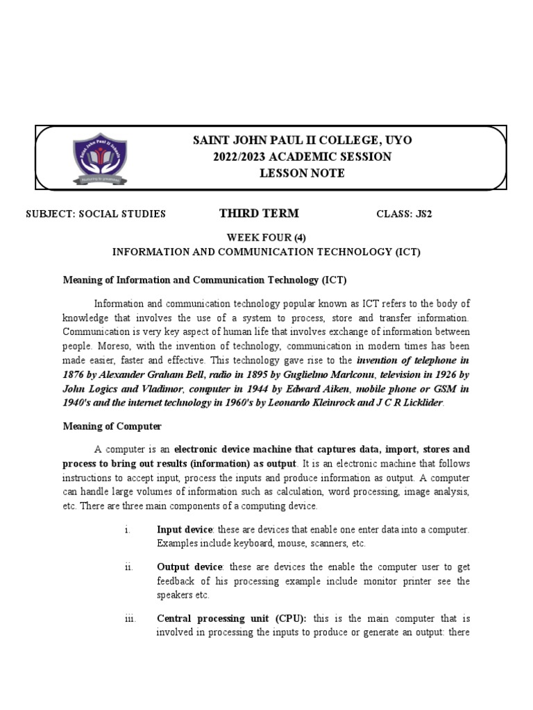 Lesson Note Week 4 | PDF | Input/Output | Information Technology
