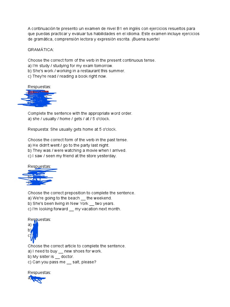 Examen B1 Ingles Resuelto 1 | PDF