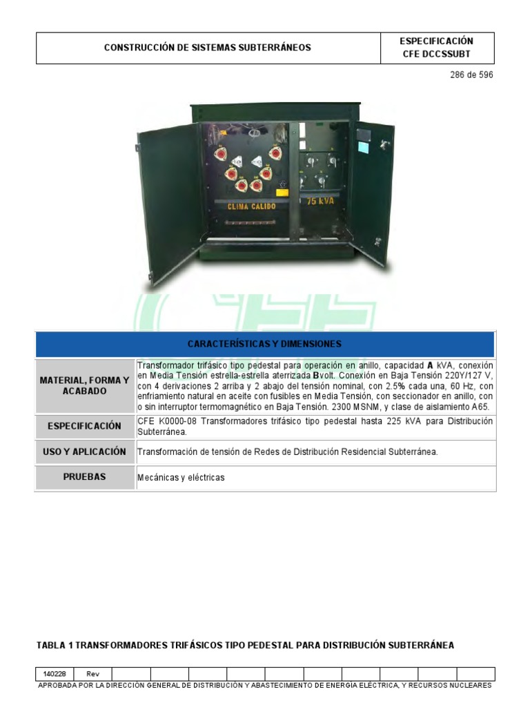 Especificaciones Transformador de Pedestal | PDF | Transformador | Fusible (Eléctrico)