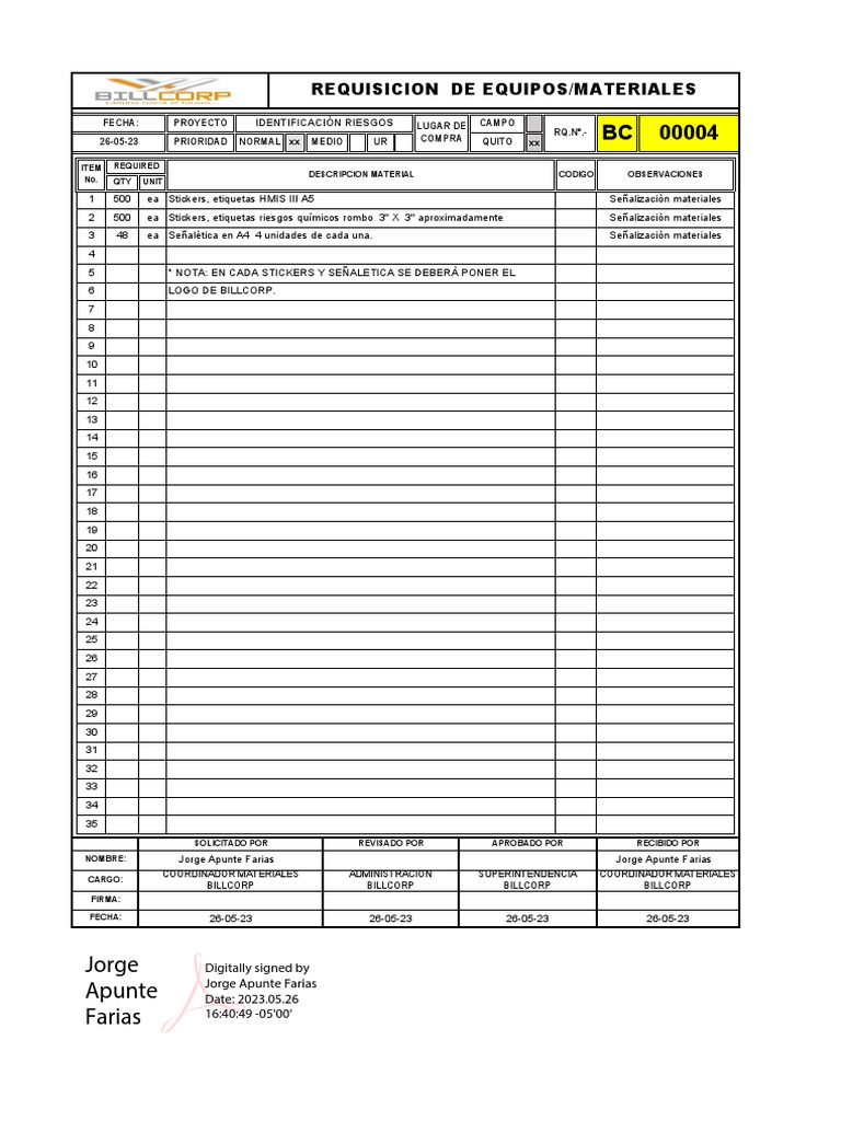 Requisiciòn de Materiales - BILLCORP-04 | PDF
